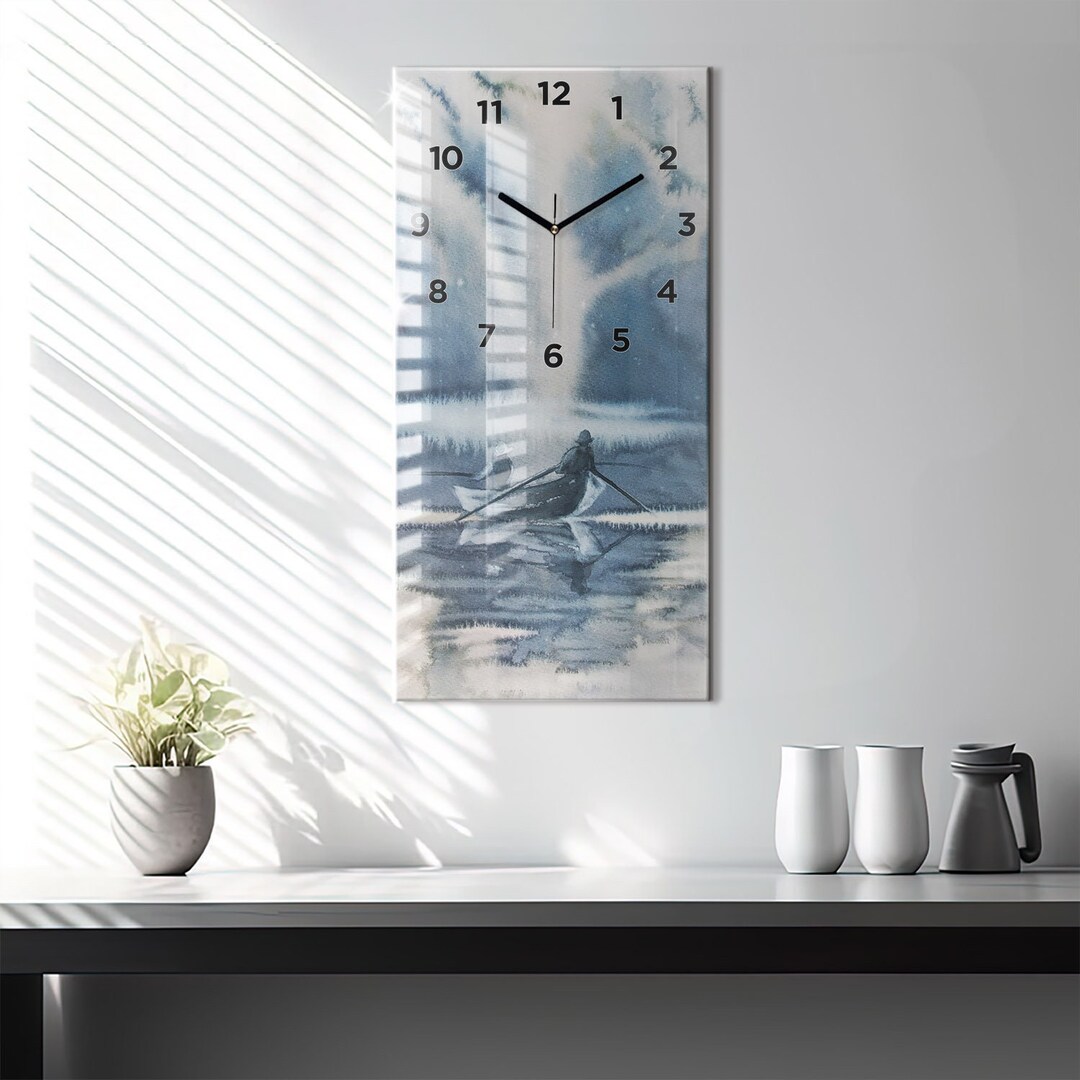 Winter Lake Boat Modern Wall Clock, Blue Glass Clock, Landscape ...