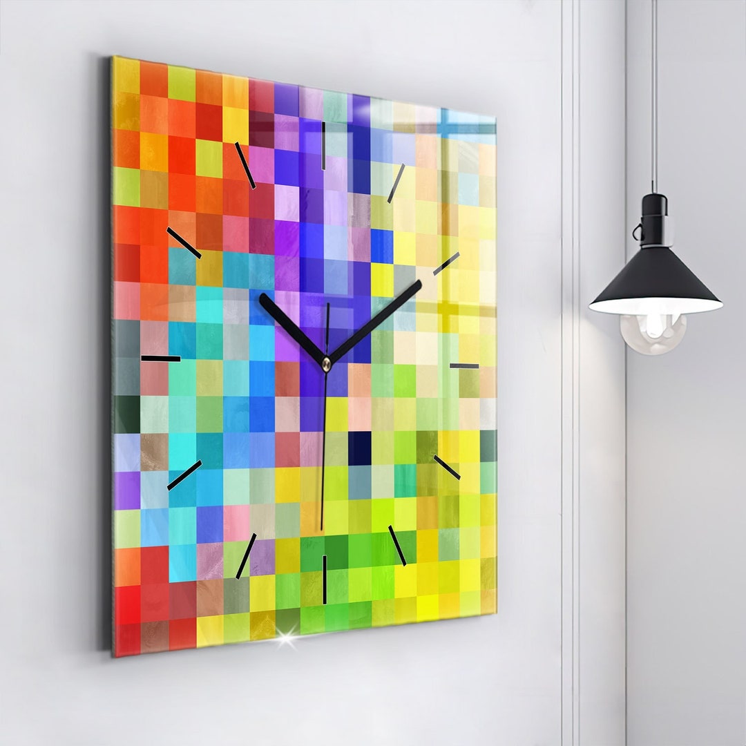 Composition of Squares Glass Clock, Golden Wall Clock, Abstract Hanging ...