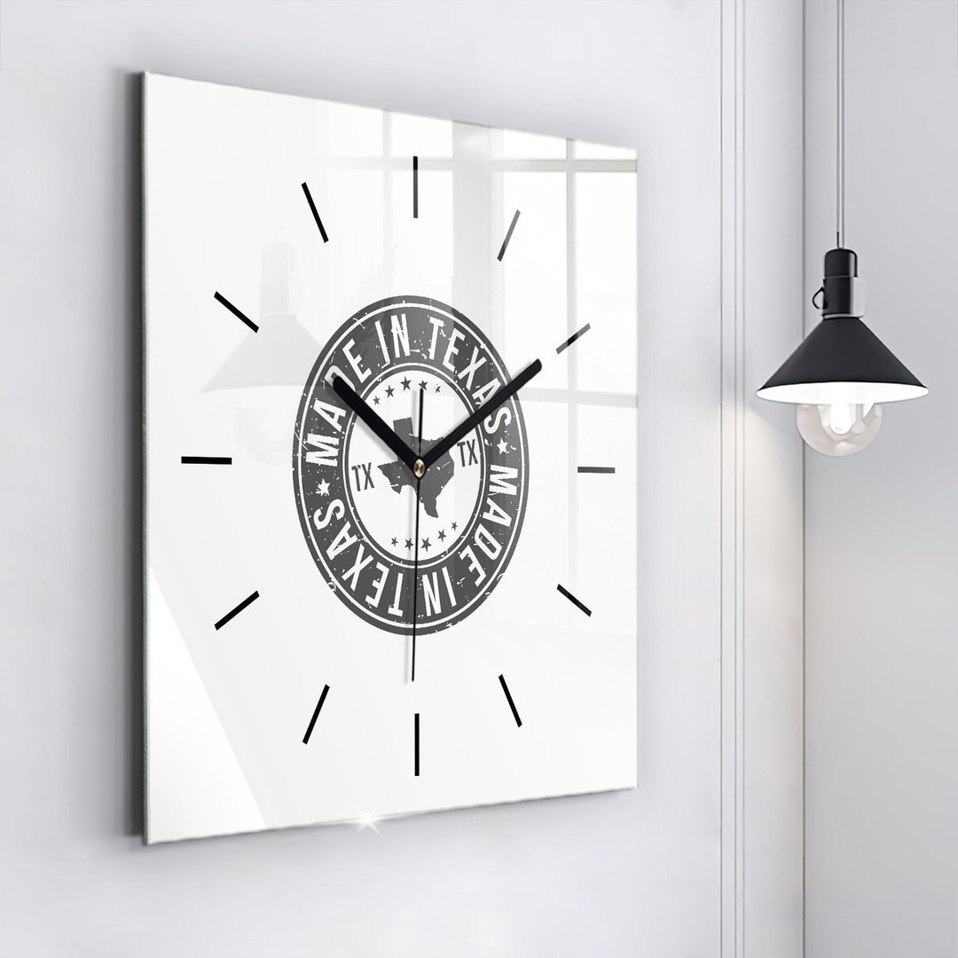 Texas Stamp Glass Clock, White Printed Clock, City Modern Wall Clock ...