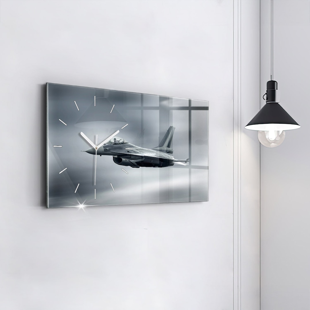 Military Aircraft in Flight Modern Wall Clock, Gray Glass Clock ...