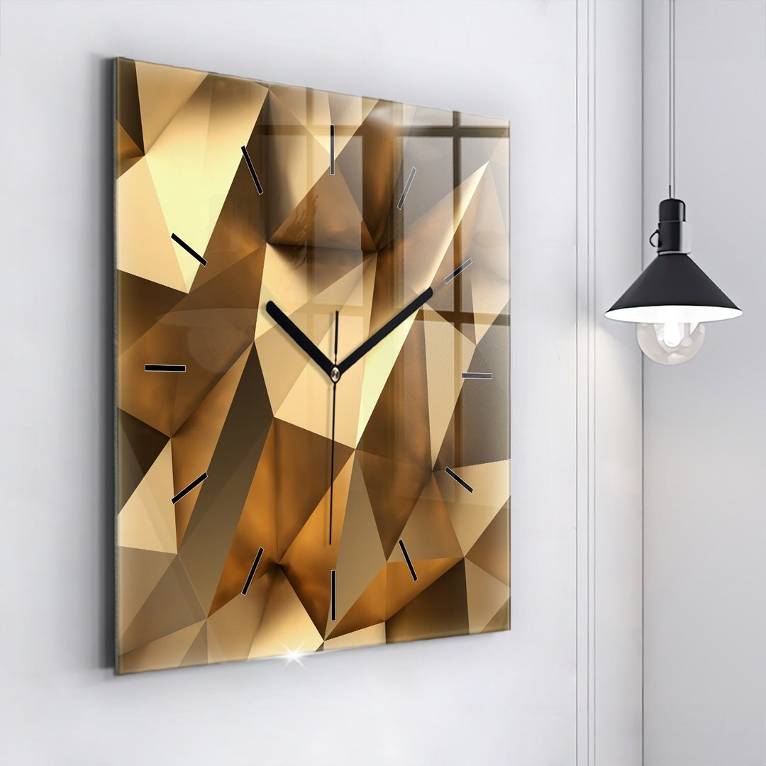 Geometric Texture Glass Clock, Golden Hanging Clock, Art Printed Clock ...