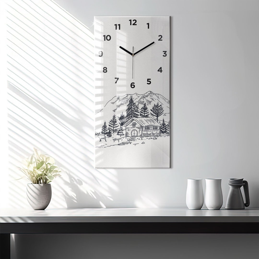 Drawing Town Minimalistic Clock, White Glass Clock, Abstract Wall Clock ...