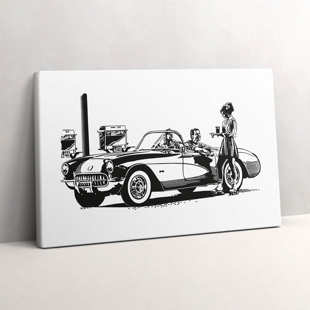 Retro Car Illustration Canvas, Wall Art Picture, Black and White Wall ...