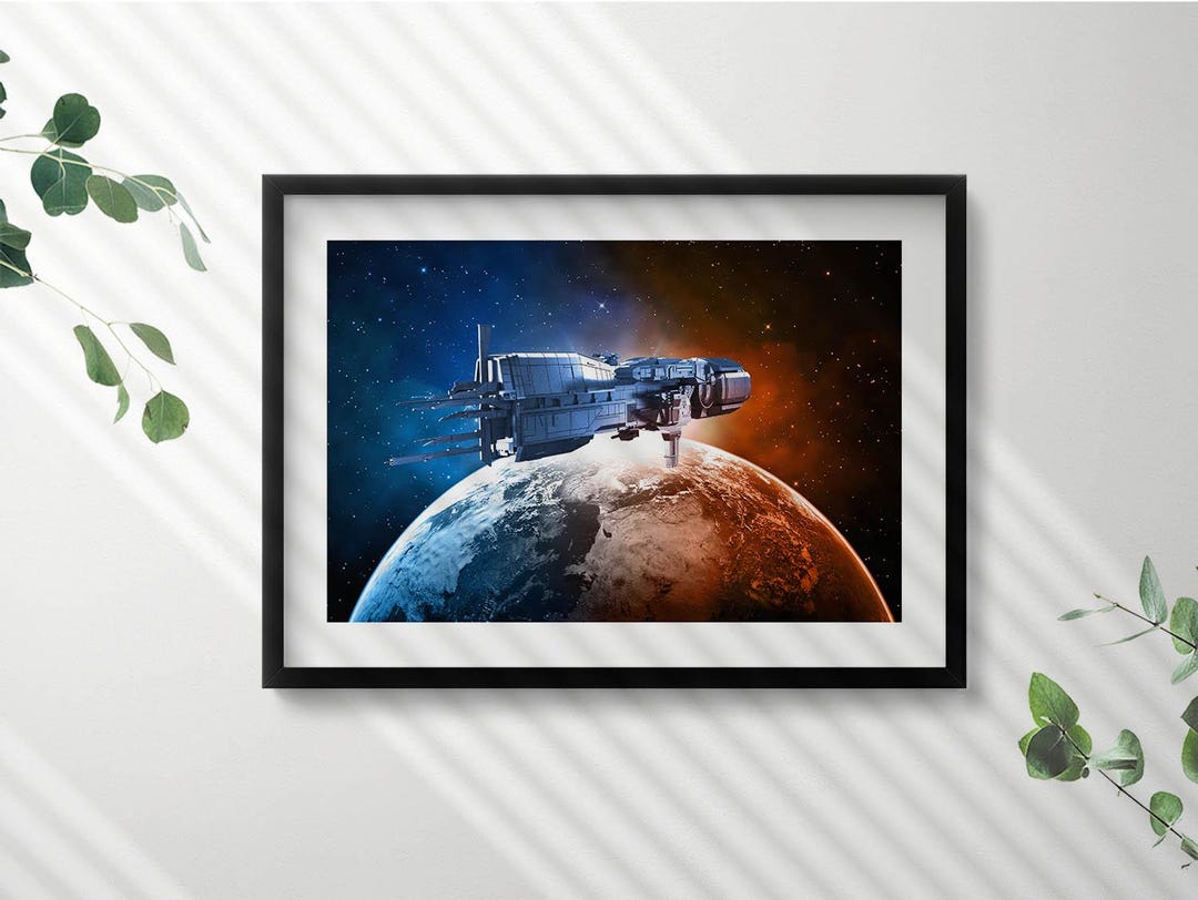 Spaceship Wall Art in Frame, Earth and Space Framed Art, Navy Wall Art ...