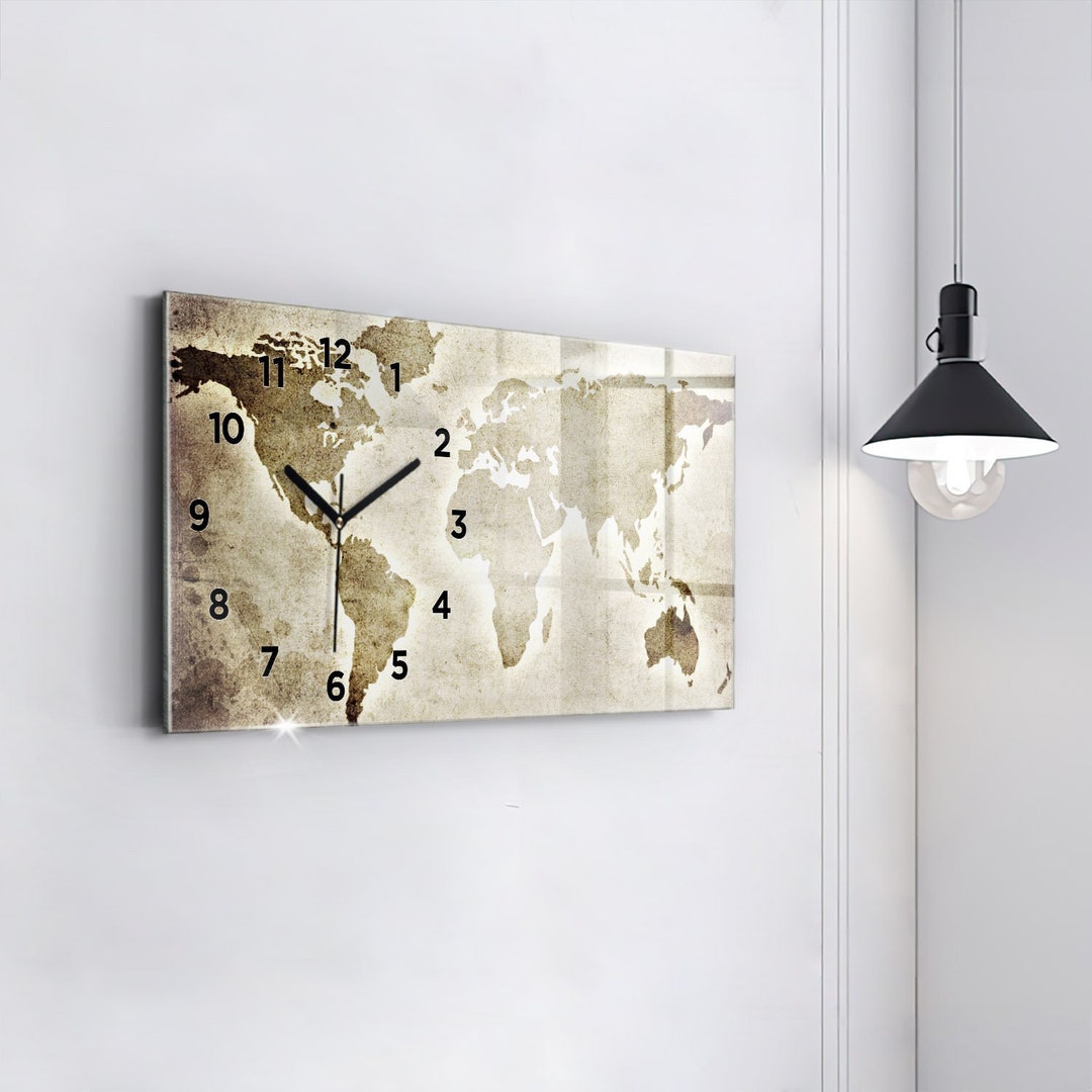 World Map Hanging Clock, Gray Glass Clock, Map Printed Clock ...