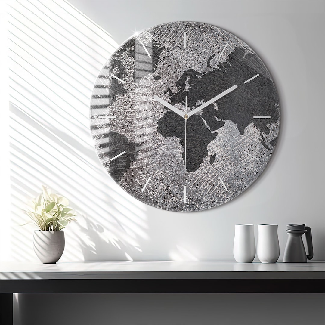 World Map Concrete Glass Clock, Gray Minimalistic Clock, Map Wall Clock ...