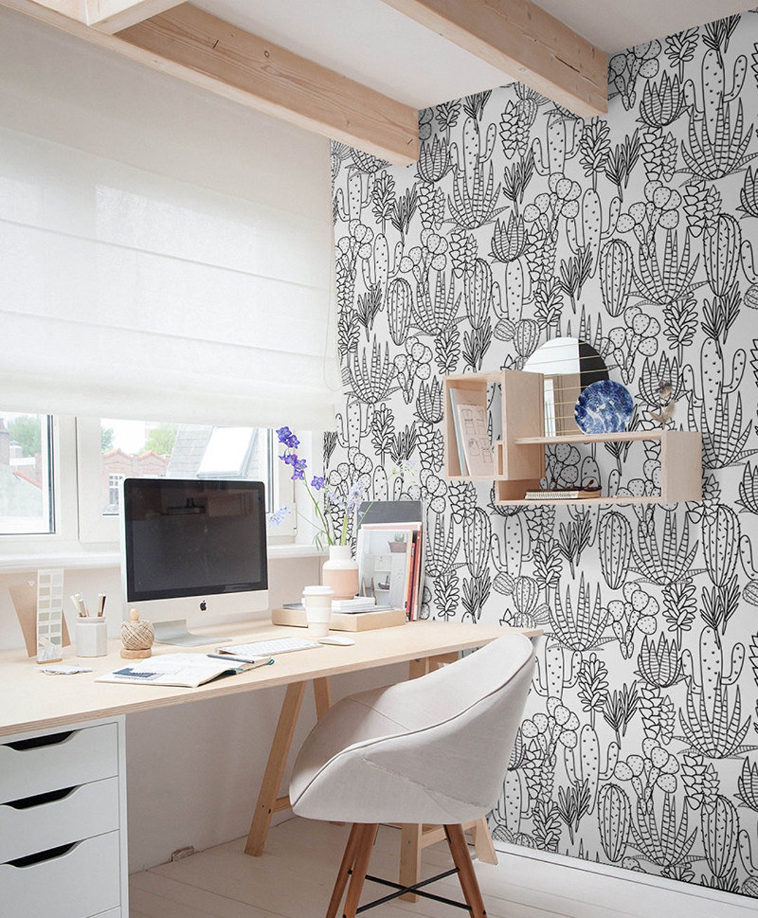Charming Wallpaper, Handdrawn Cactus Reusable Wallpaper, Black Wall ...