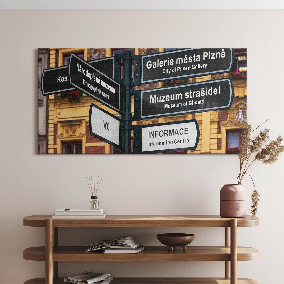 Pilzno Signpost Canvas, Picture Wall Hanging, Yellow Wall Art, Travel ...