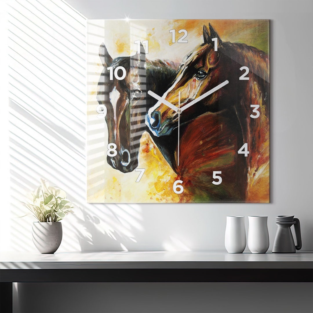 Two Horses Painted Glass Clock, Multicolour Minimalistic Clock, Art ...