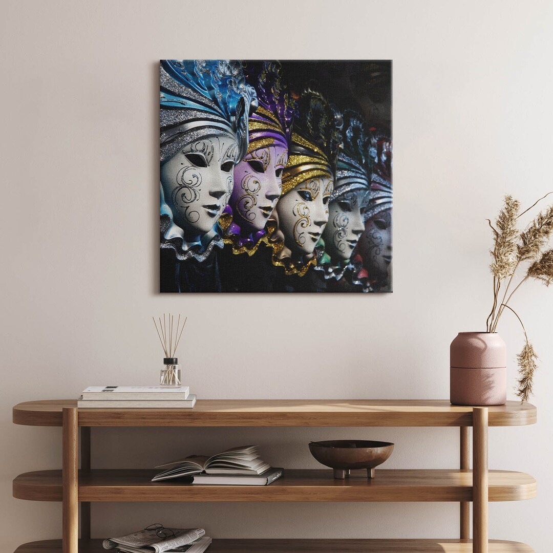 Venetian Masks Canvas, Picture Wall Hanging, Gray Wall Art, Art Canvas ...