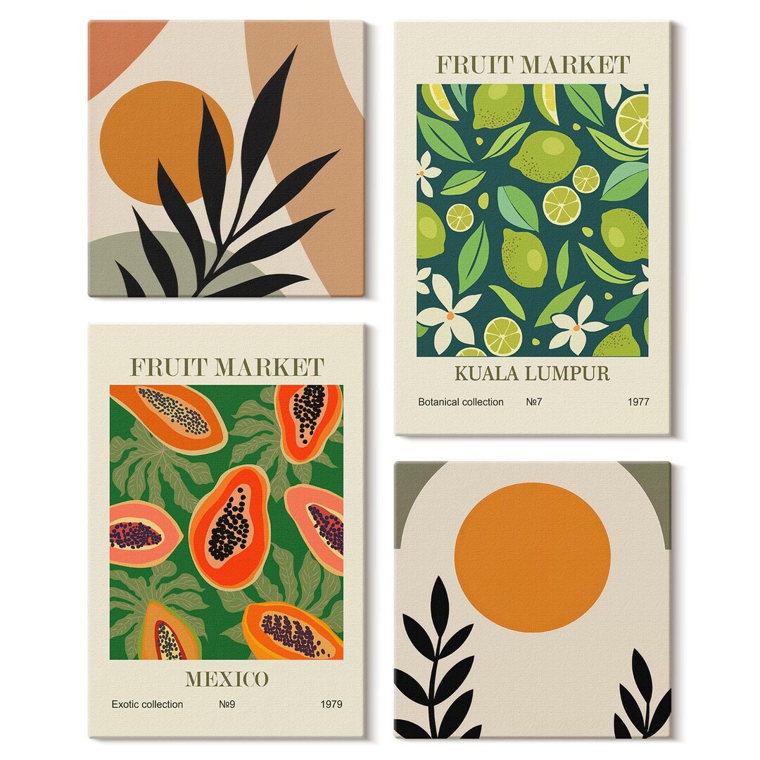 Canvas Set of 4 Wall Art - Boho Fruit Patterns Papaya Lime, Green Photo ...