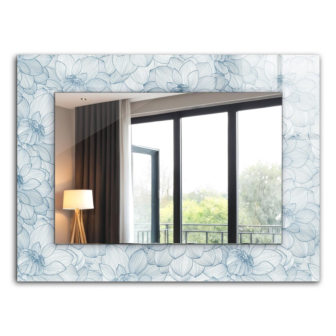 Flowers Blue Pattern Mirror, Mirror With Blue Tempered Glass Framing ...
