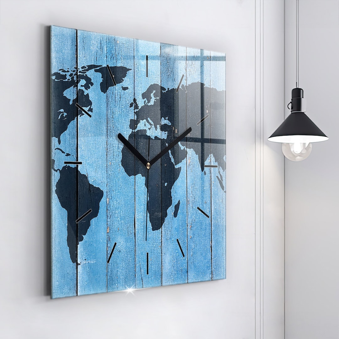 Map of the World on the Boards Glass Clock, Blue Wall Clock, Map ...