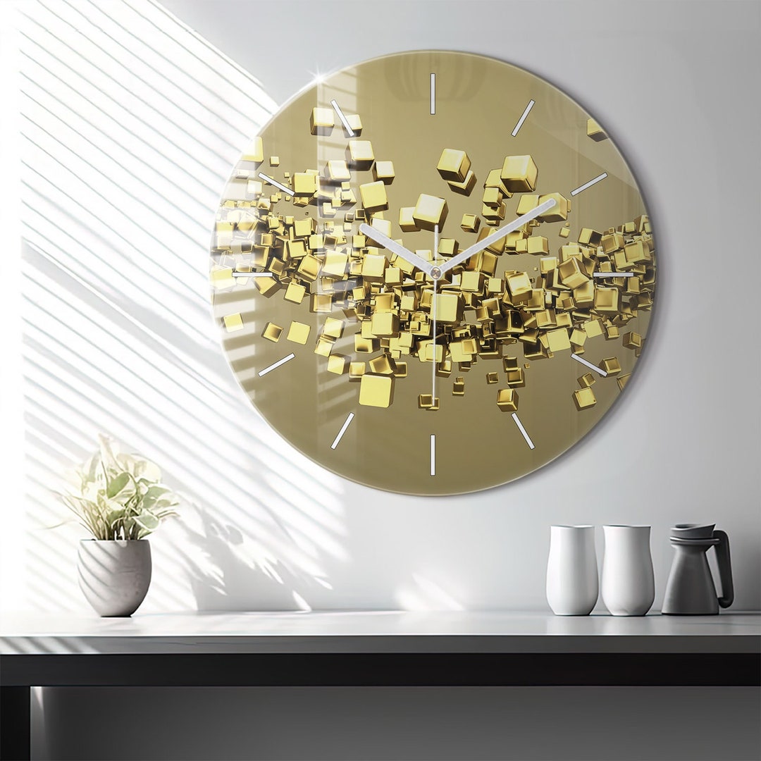 Golden Square Glass Clock, Golden Wall Clock, Abstract Hanging Clock ...