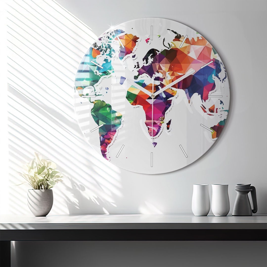 World Map of the Triangle Glass Clock, Multicolour Wall Clock, Map ...