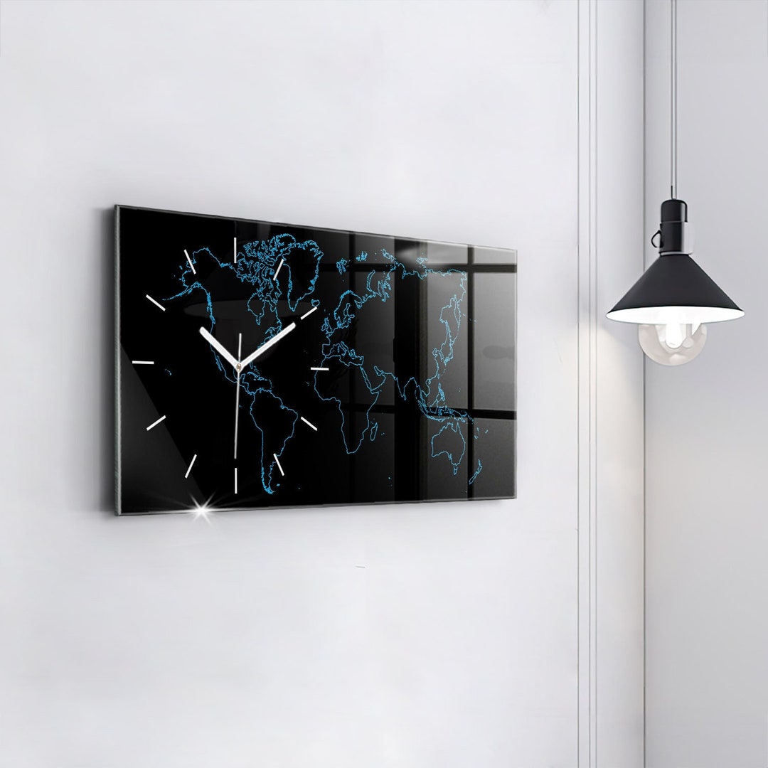 WORLD MAP Contours Modern Wall Clock, Black Glass Clock, Map Hanging ...