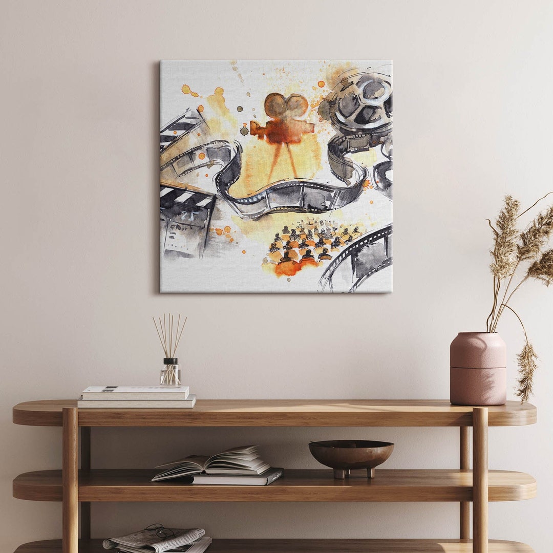 Cinematography - Camera and Film Strips Canvas, Wall Art Picture, Beige ...