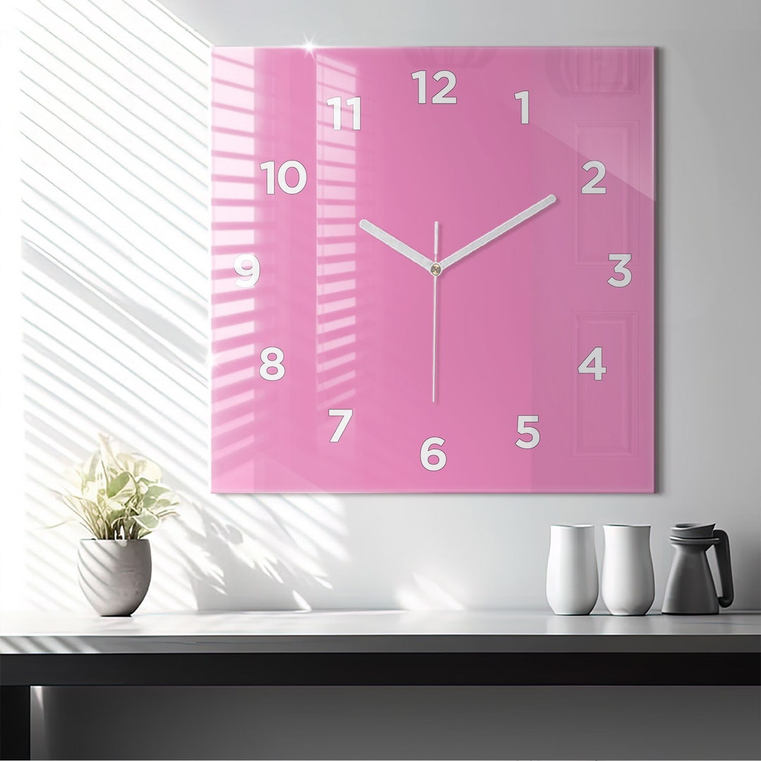 Pink Glass Clock, Pink Wall Clock, Solid Color Hanging Clock ...