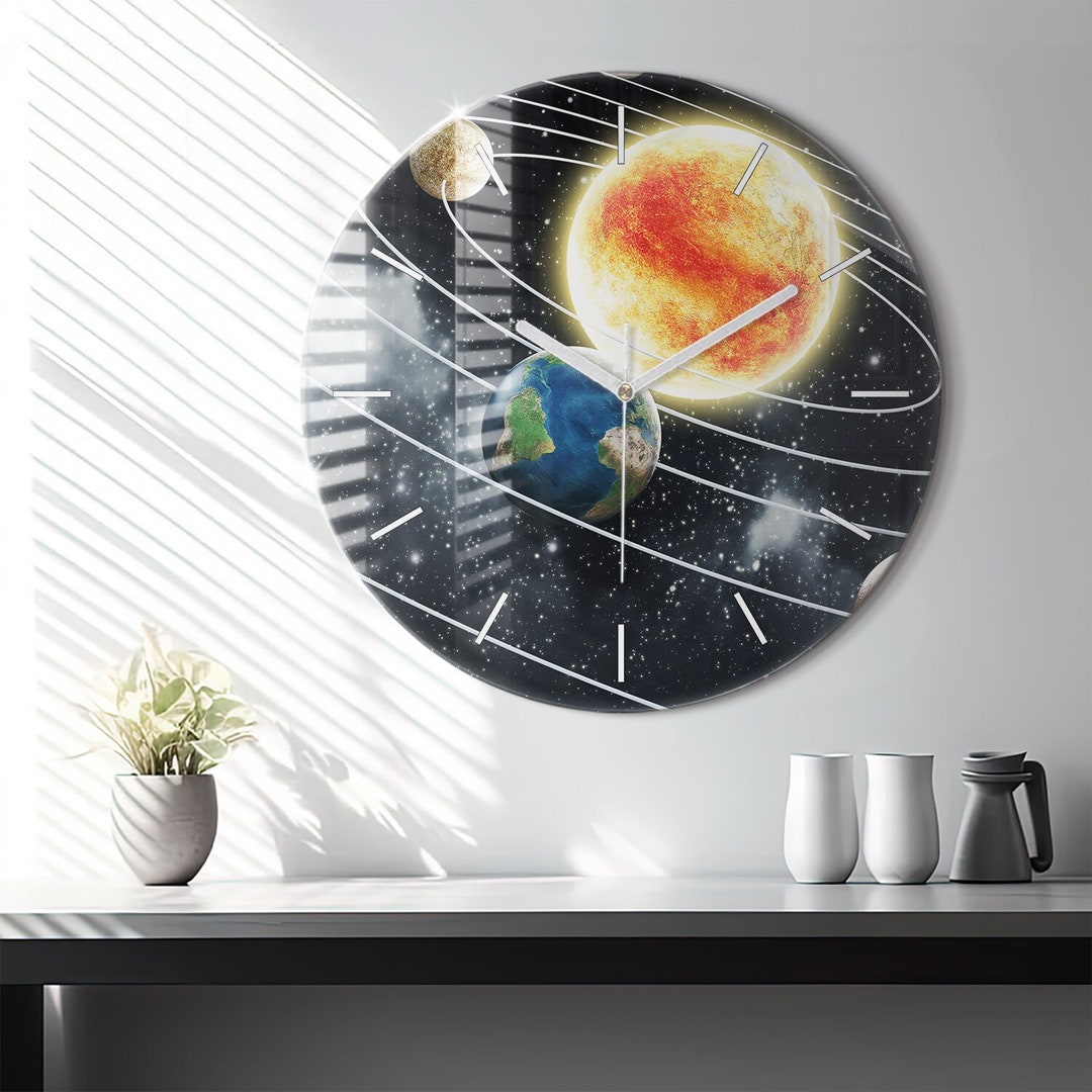Solar System Glass Clock, Black Minimalistic Clock, Space Wall Clock ...
