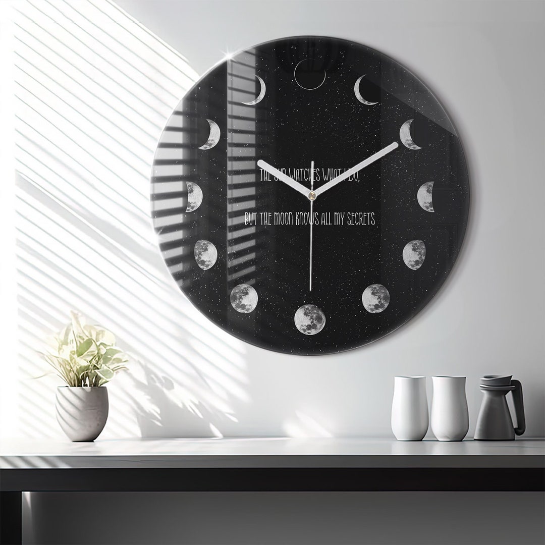 Clock Moon Phases, Astronomy Themed Black Printed Clock, Unique Number ...