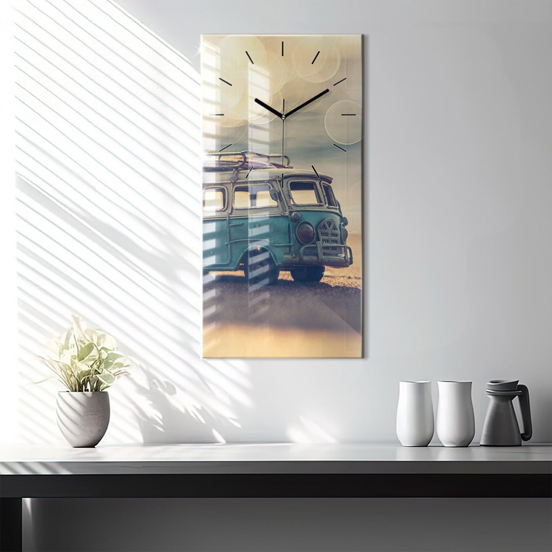 Camper on the Beach Minimalistic Clock, Yellow Glass Clock, Vehicle ...