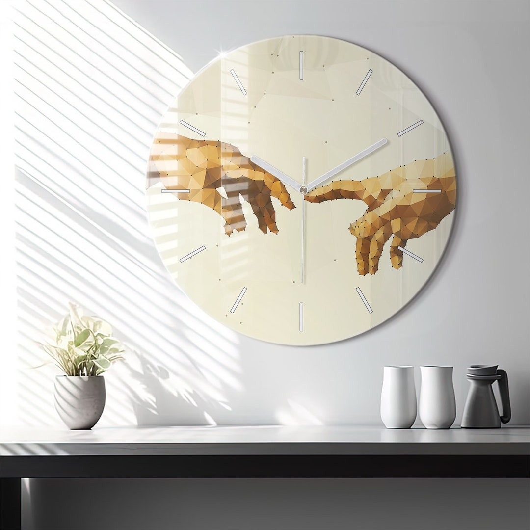 The Creation of Adam Glass Clock, Yellow Minimalistic Clock, Art Wall ...