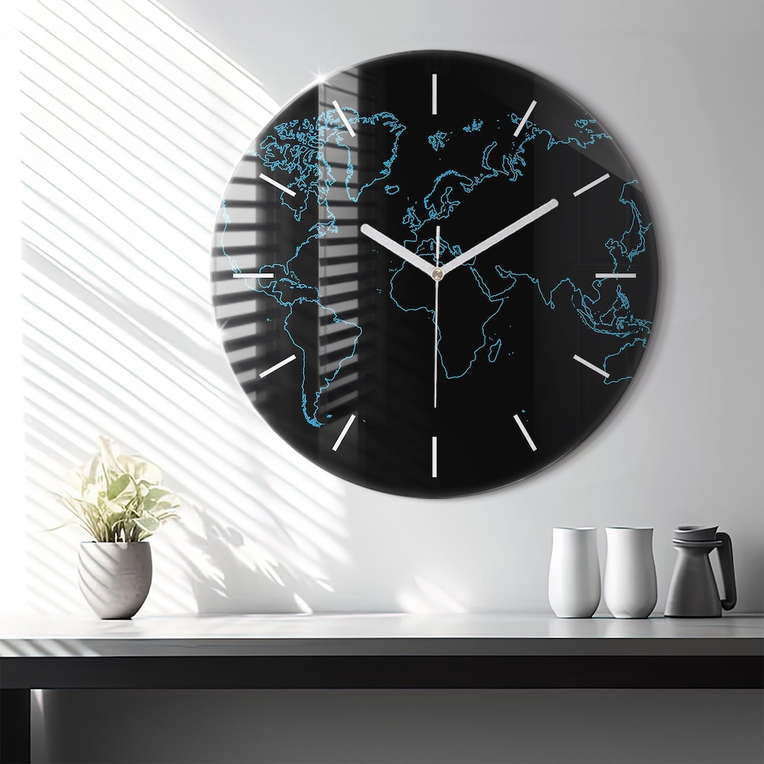 WORLD MAP Contours Glass Clock, Black Hanging Clock, Map Printed Clock ...