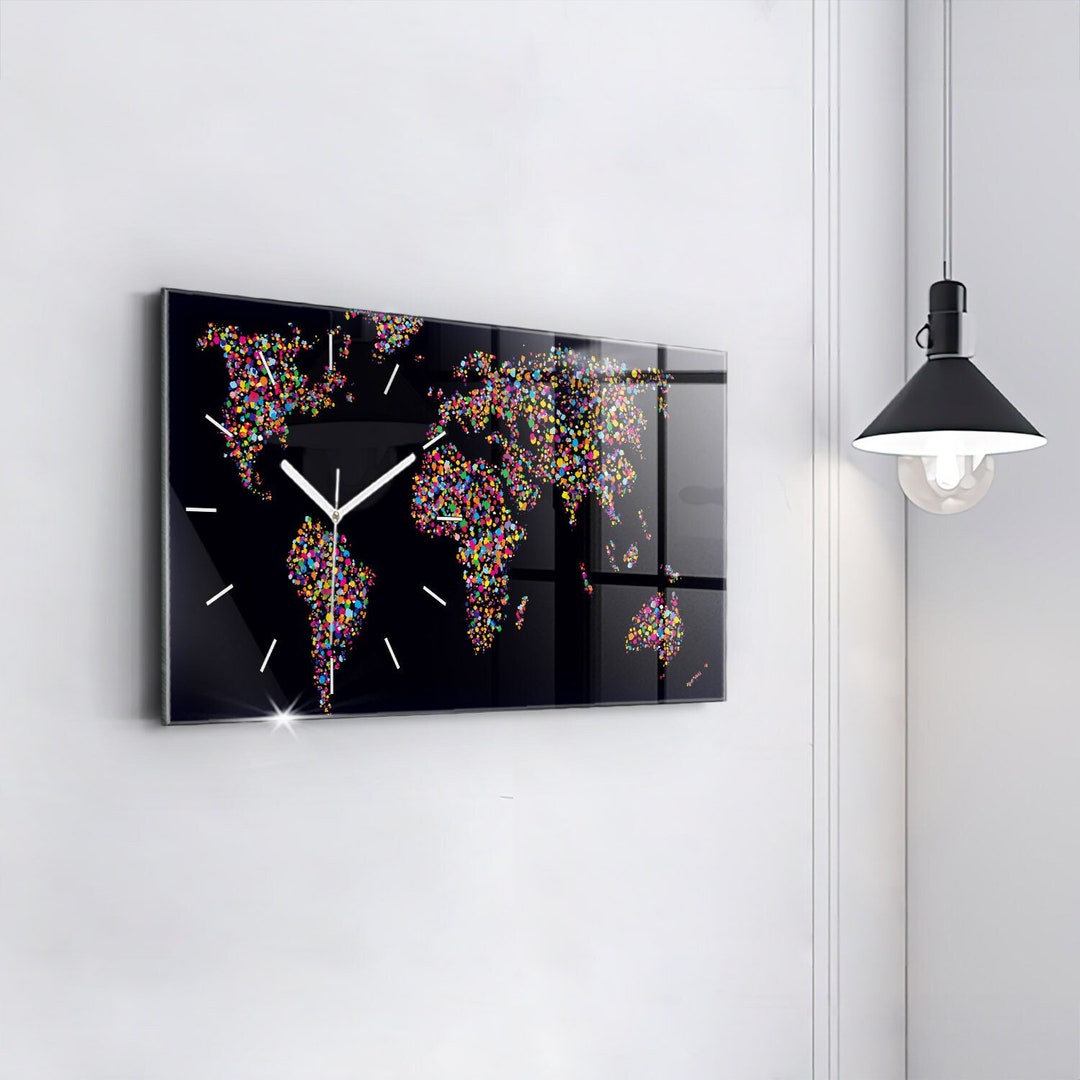 Map of the World From Dots Minimalistic Clock, Multicolour Glass Clock ...