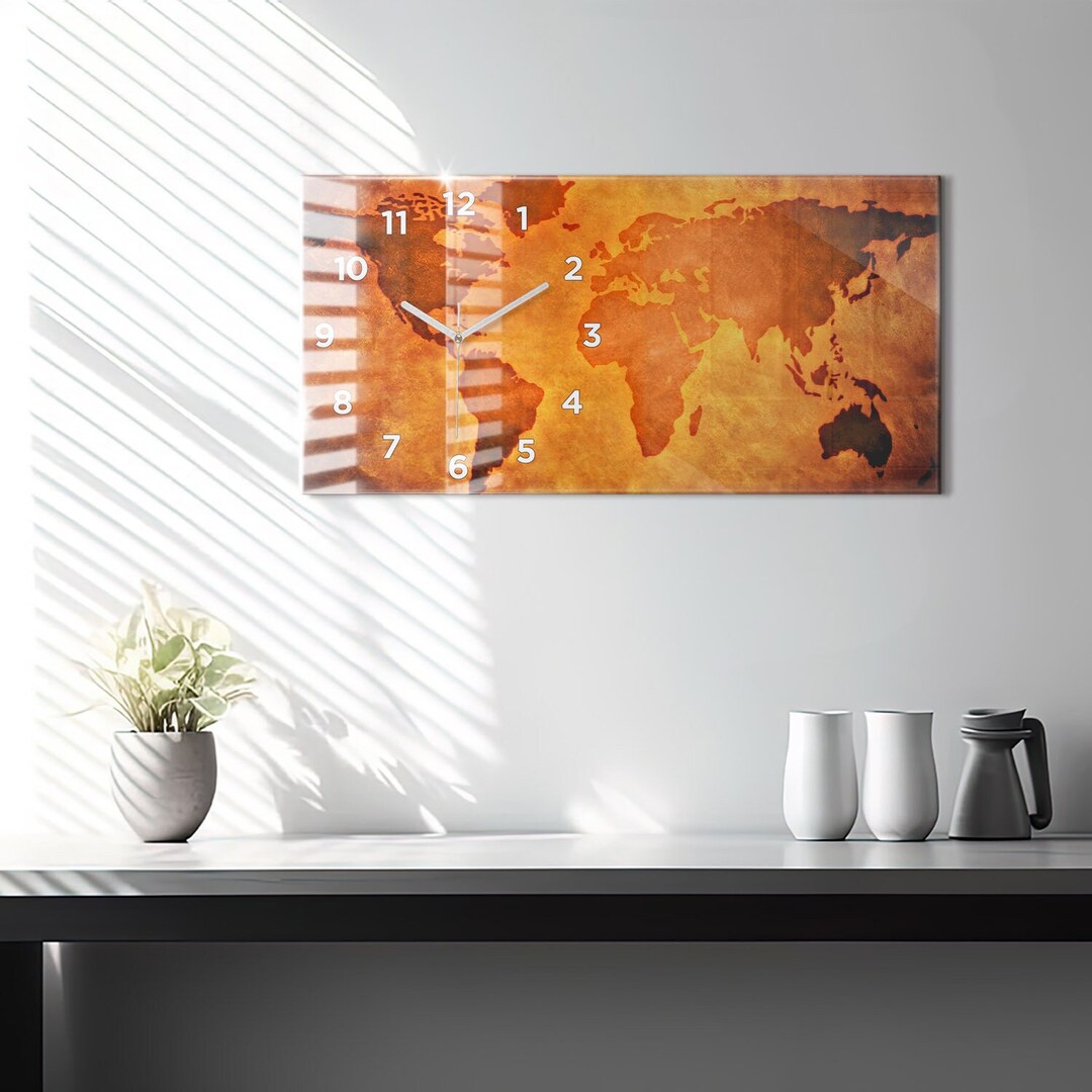 Large Map of the World Printed Clock, Brown Glass Clock, Map Modern ...