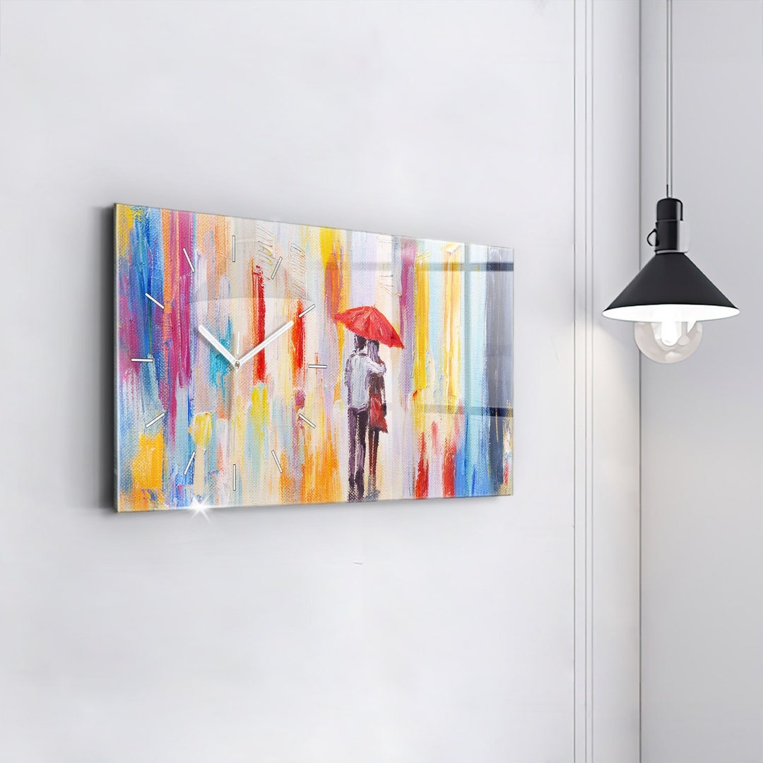 Couple in the Rain Minimalistic Clock, Multicolour Glass Clock ...