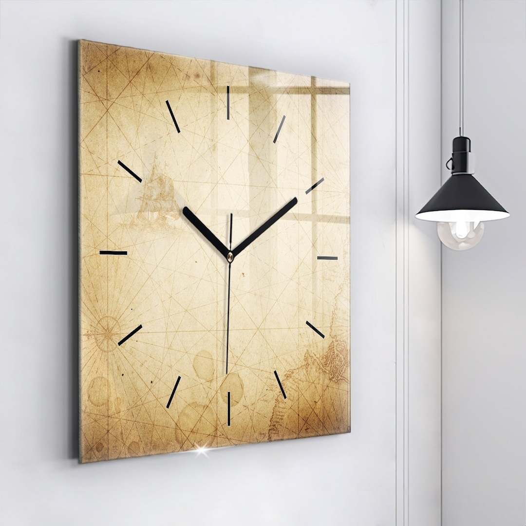 Old Map of the World Glass Clock, Brown Modern Wall Clock, Map ...