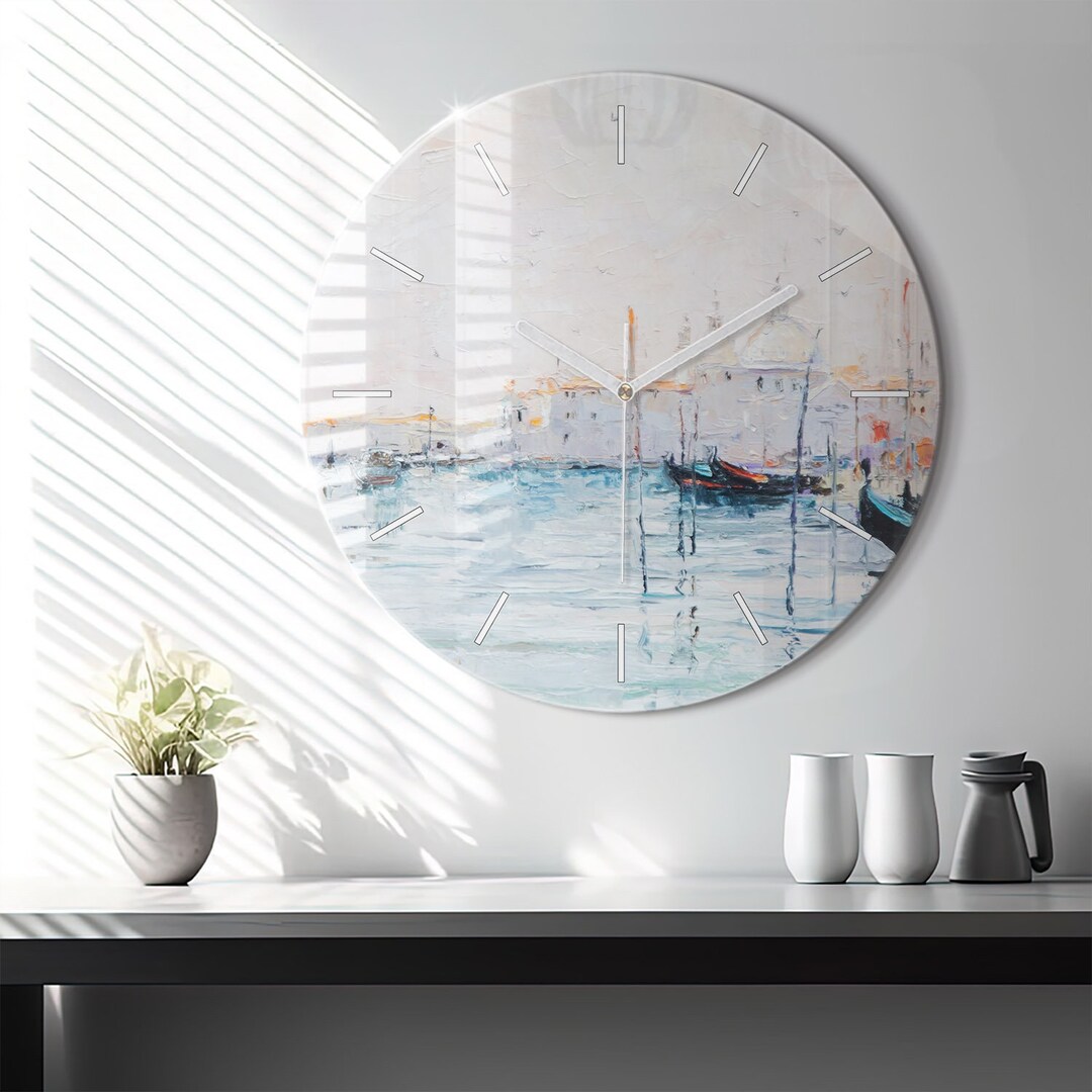 Oil Image of the Sea Yacht Glass Clock, Blue Wall Clock, Art Hanging ...