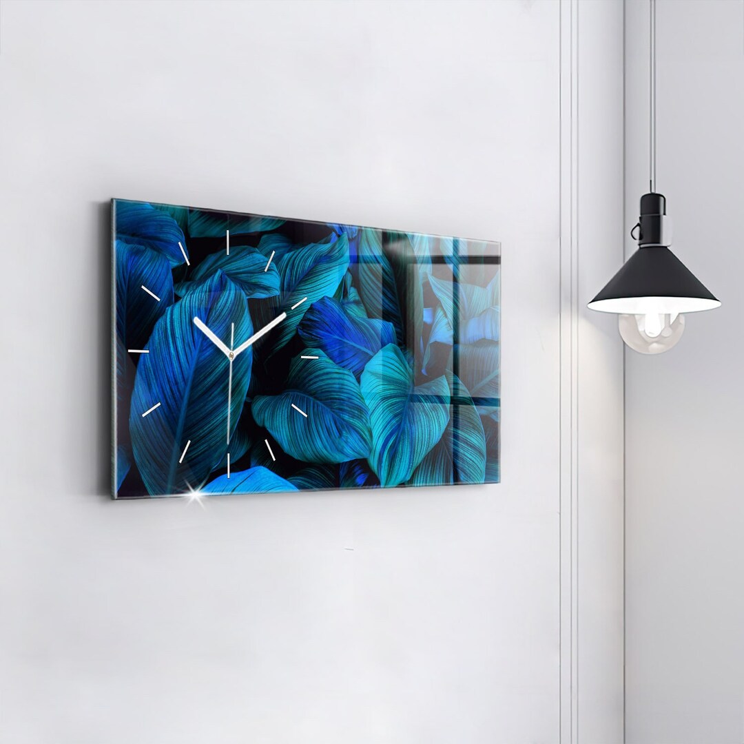Tropical Nature Modern Wall Clock, Blue Glass Clock, Plants Wall Clock ...