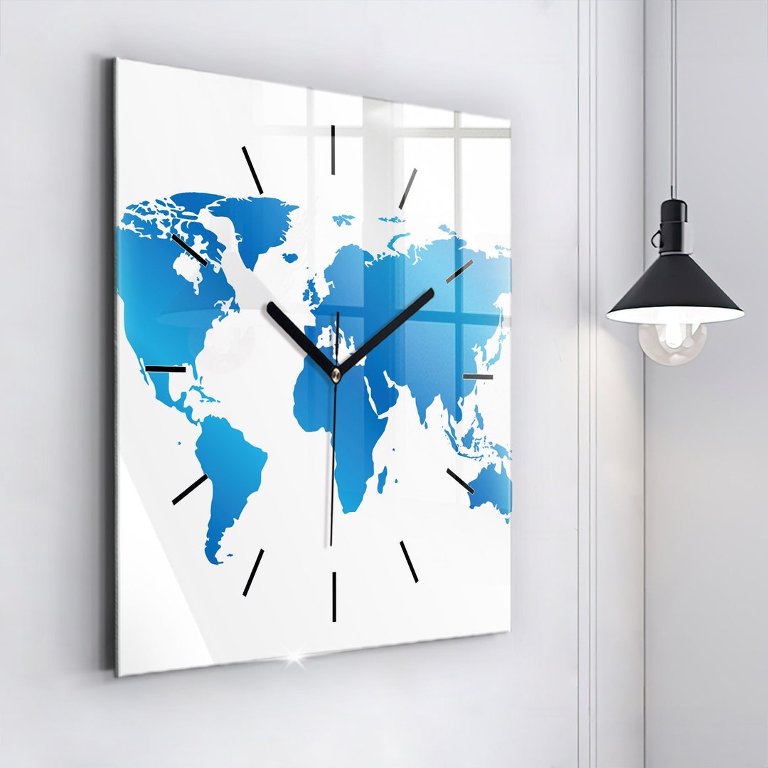 World Map Glass Clock, Blue Hanging Clock, Map Printed Clock, Custom ...