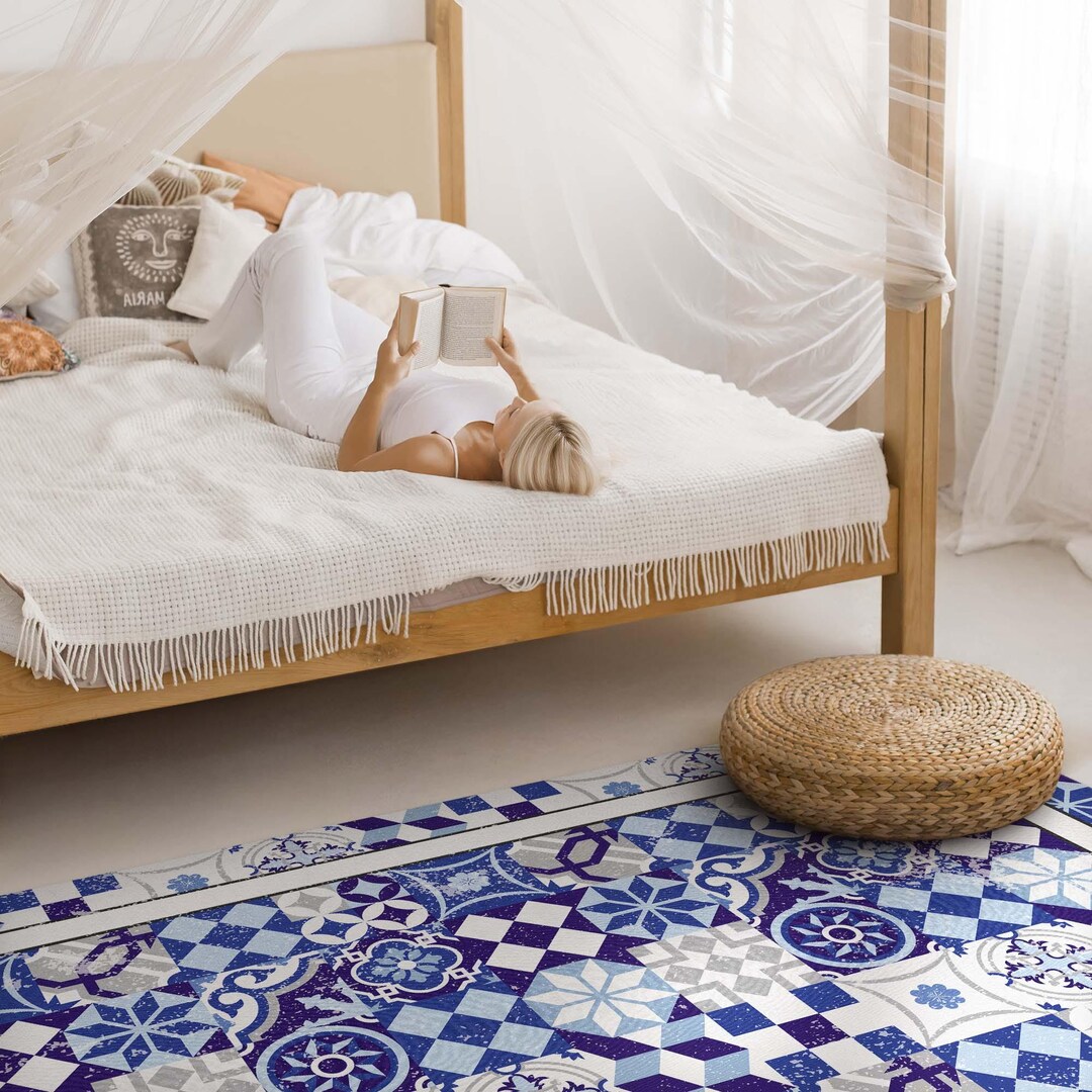 Patchwork Spanish Mat Bedroom Rug, Tiles and Tiles Vinyl Carpet, Blue ...
