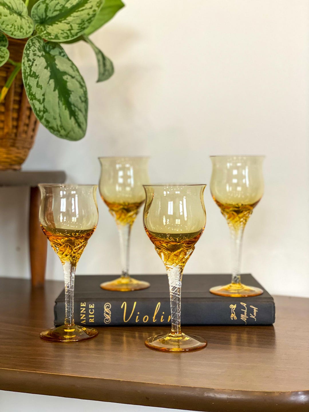 Vintage Gold / Amber Textured Stem Glasses / Goblets- Murano Style or ...