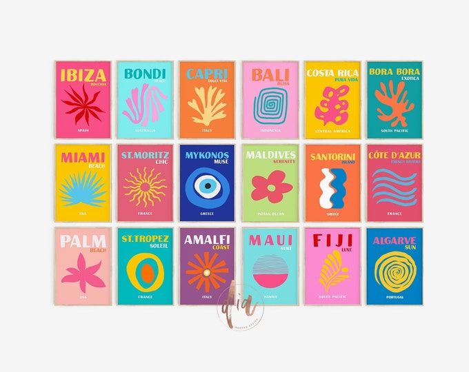 Preppy Poster Set, Travel Poster Set of 8, Maximalist Decor, Trendy ...
