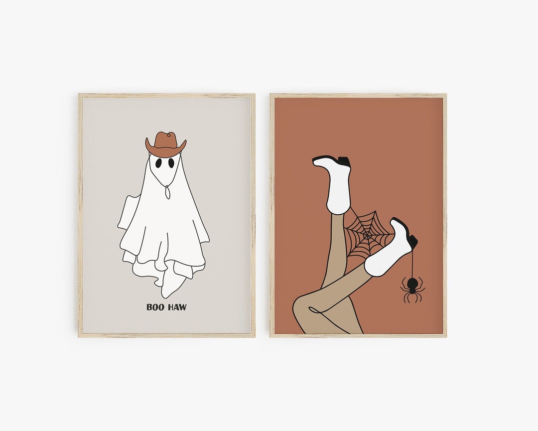 Preppy Western Halloween Print Set of 2, Cowboy Ghost, Halloween ...