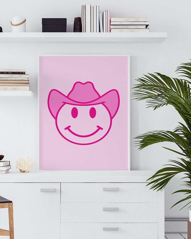 Pink Western Smiley Face Poster Print, Hot Pink Smiley Face With Cowboy ...