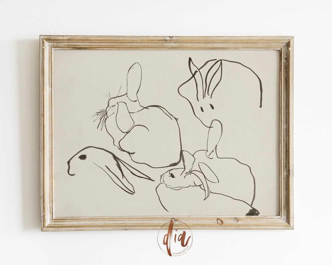 Rabbit Drawing, Vintage Bunny Sketch, Easter Wall Art, Bunny Rabbit ...