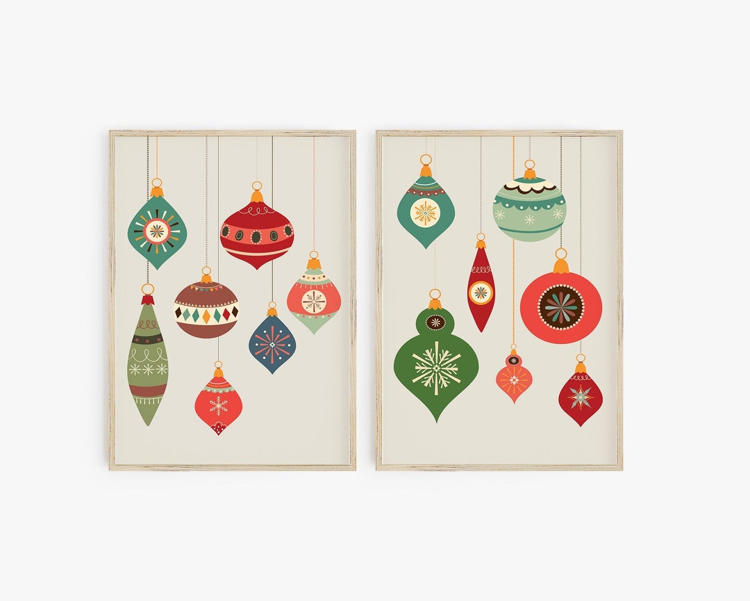 Retro Holiday Print Set of 2, Christmas Wall Art, Baubles Print, Mid ...