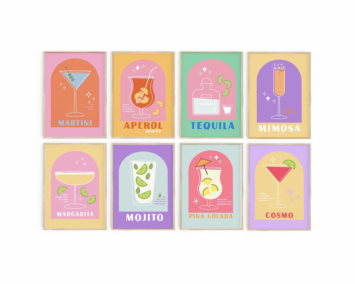 Cocktail Print Set of 8, Preppy Wall Decor, Colorful Bar Cart Prints ...
