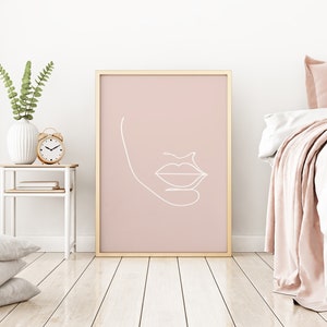 Blush Pink Line Art Face Illustration Fashion Print Bedroom Decor ...