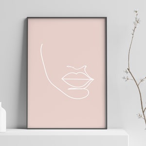 Blush Pink Line Art Face Illustration Fashion Print Bedroom Decor ...