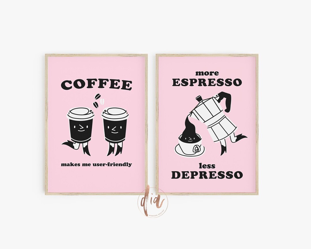 Retro Coffee Poster Set, Pink Kitchen Print, Trendy Wall Art, Digital ...