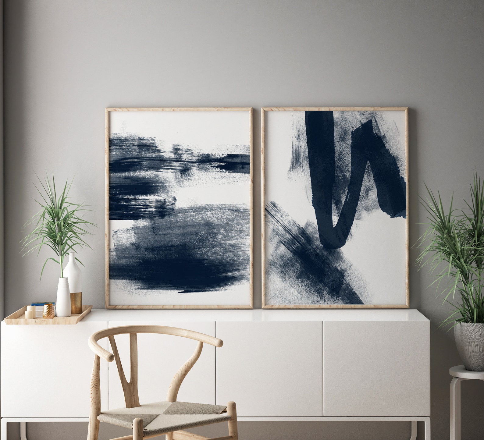 Indigo Blue Abstract Wall Art Set of 2 Prints Navy Watercolor Print 2 ...