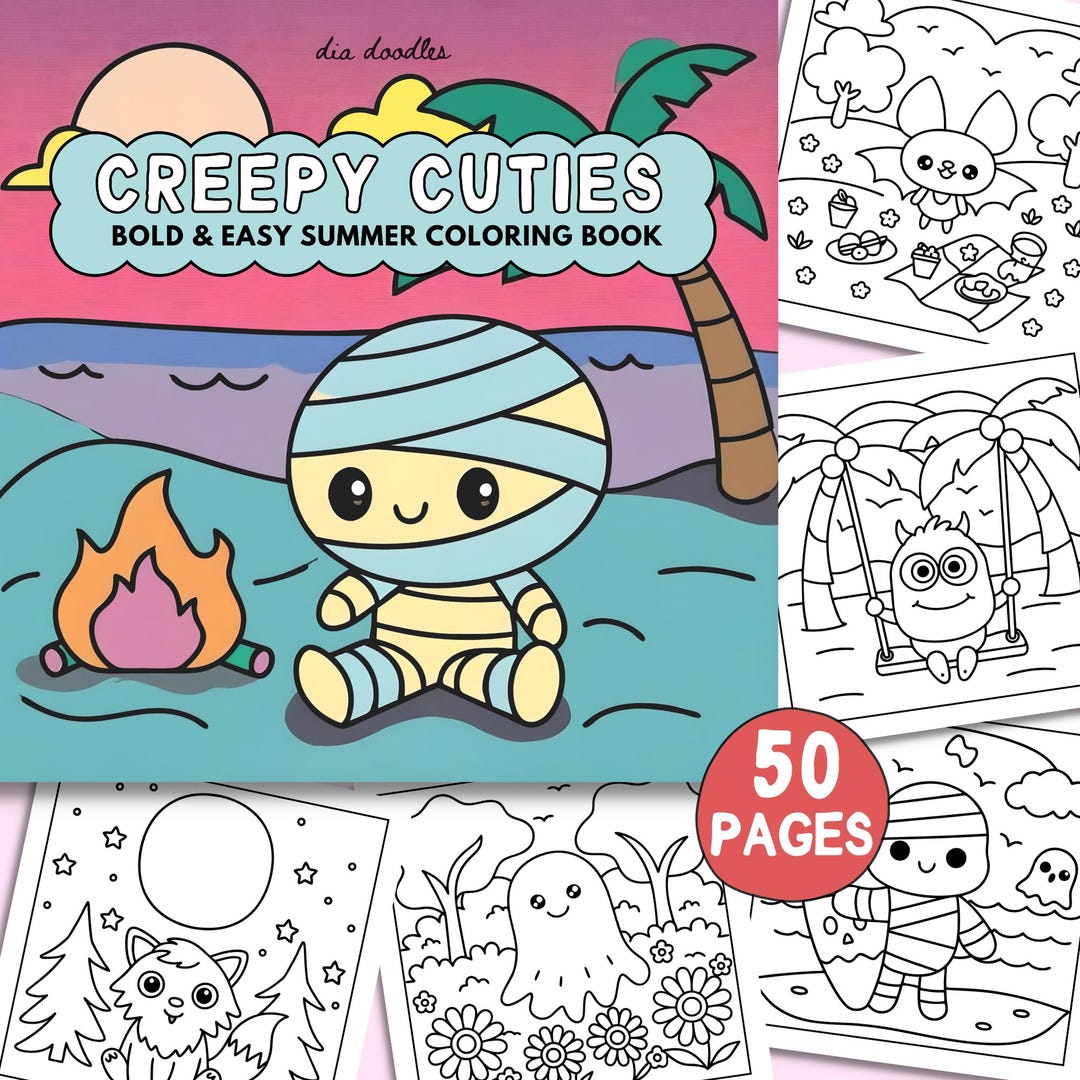 Summer Coloring Pages, Kids Creepy Kawaii Coloring Book, Bold Easy ...