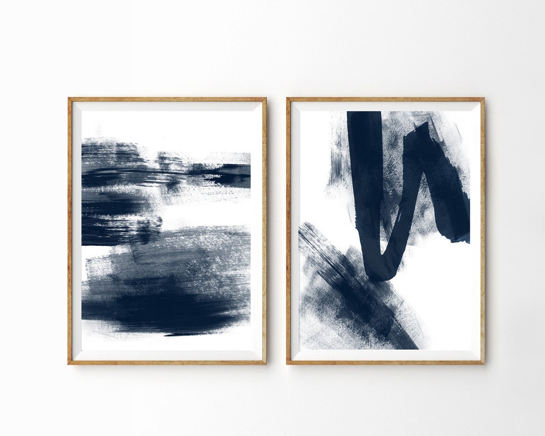 Indigo Blue Abstract Wall Art Set of 2 Prints Navy Watercolor Print 2 ...