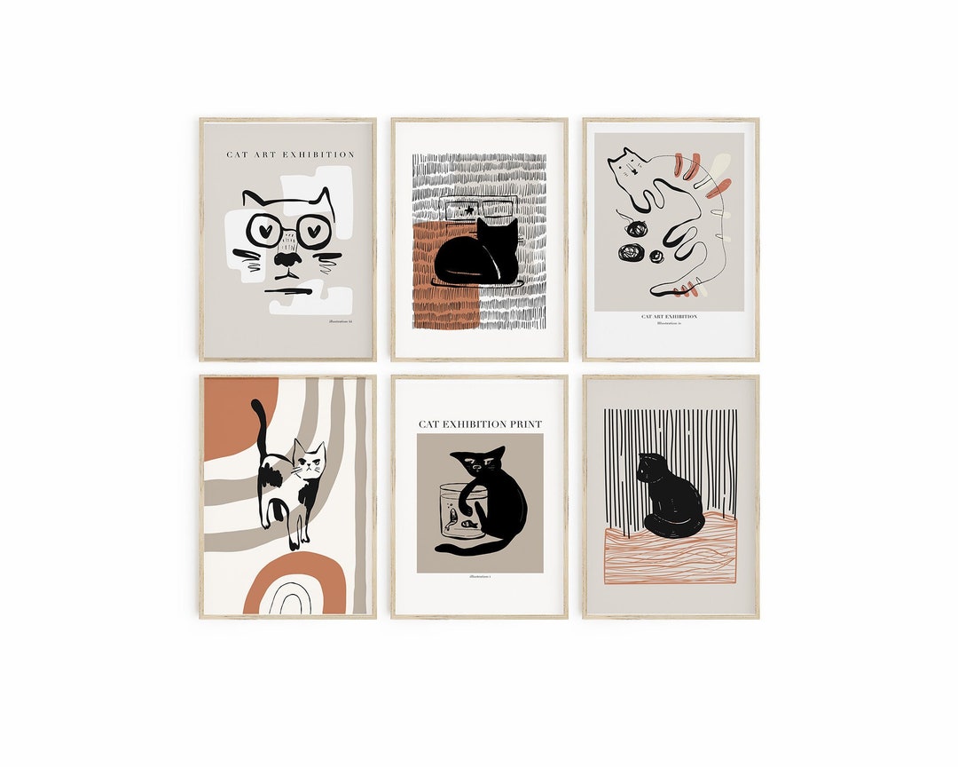 Cat Art Print Set of 6 Prints, Abstract Cat Exhibition Prints, Boho Cat ...