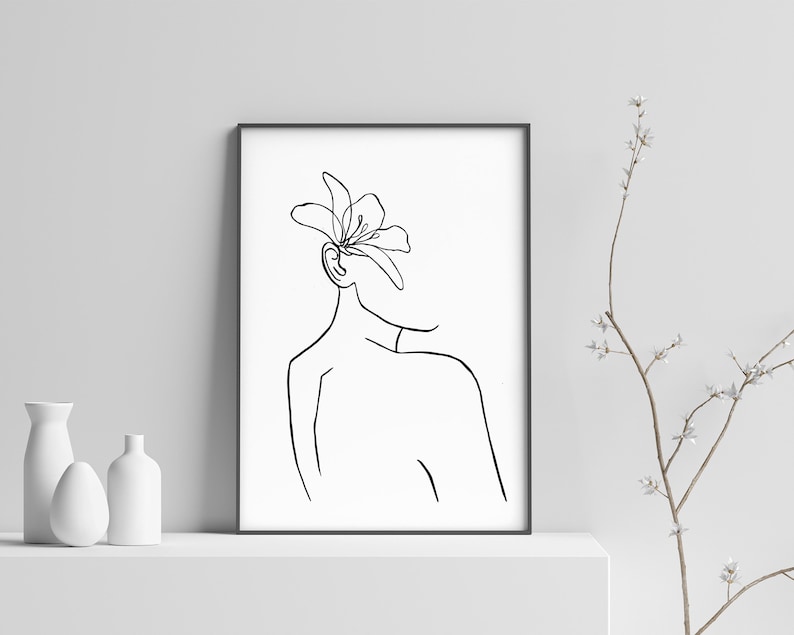 Female Body Line Art Print Flower Line Drawing Minimalist Print Modern ...